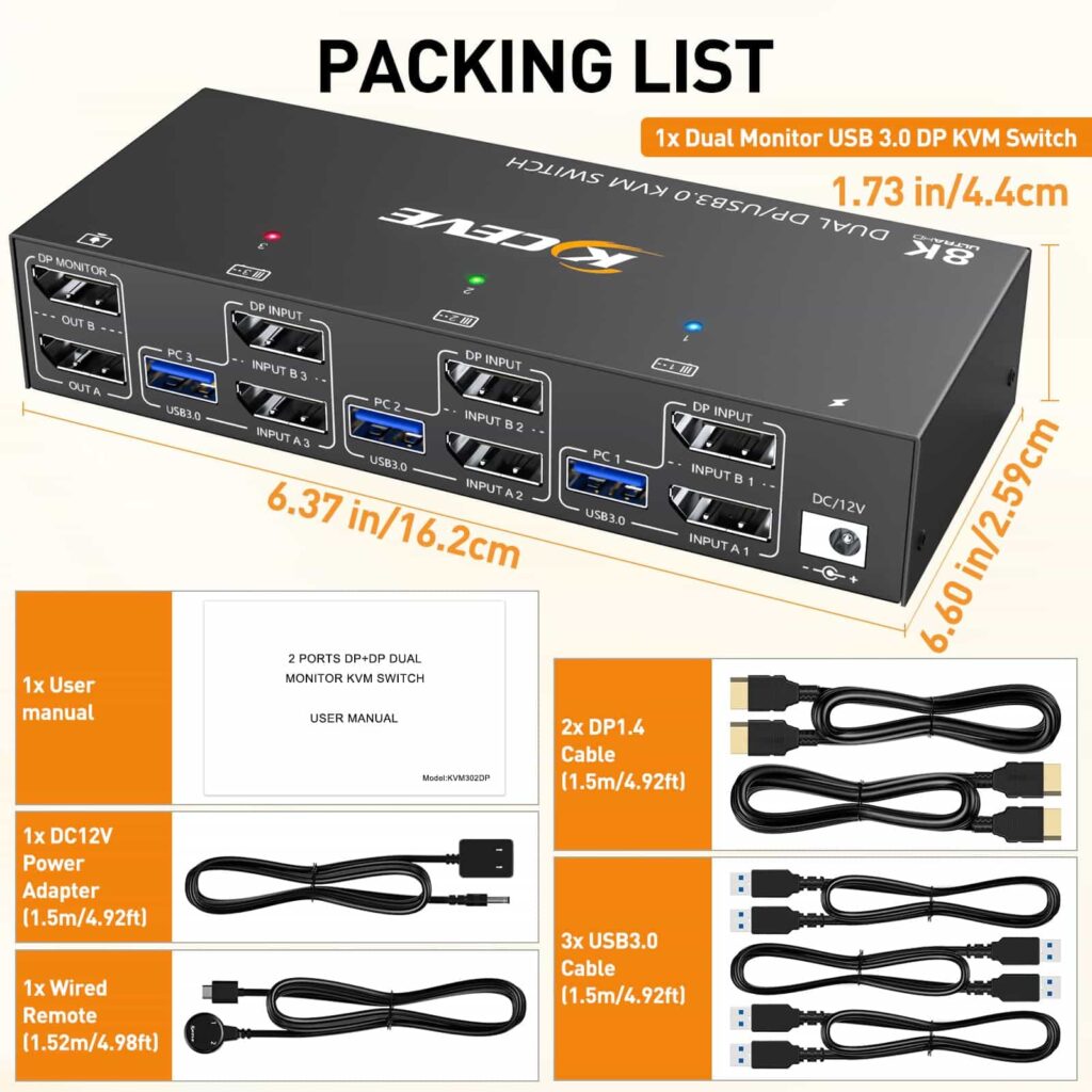 3 Ports USB3.0/Displayport DP KVM Switch Dual Display – Kceve.com